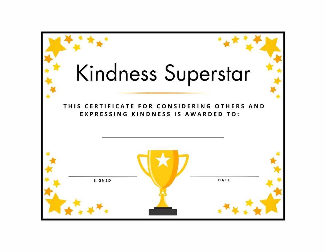 Kindness Superstar Certificate Award for Any Age or Grade Level Instant ...