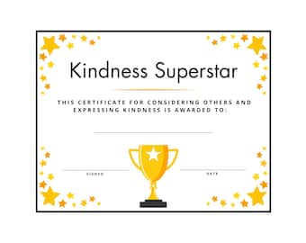 Kindness Superstar Certificate Award for Any Age or Grade Level Instant ...