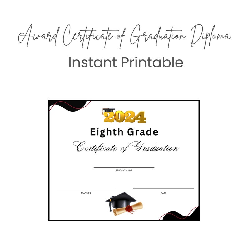 Eighth Grade Graduation Diploma Certificate Instant Download Printable ...