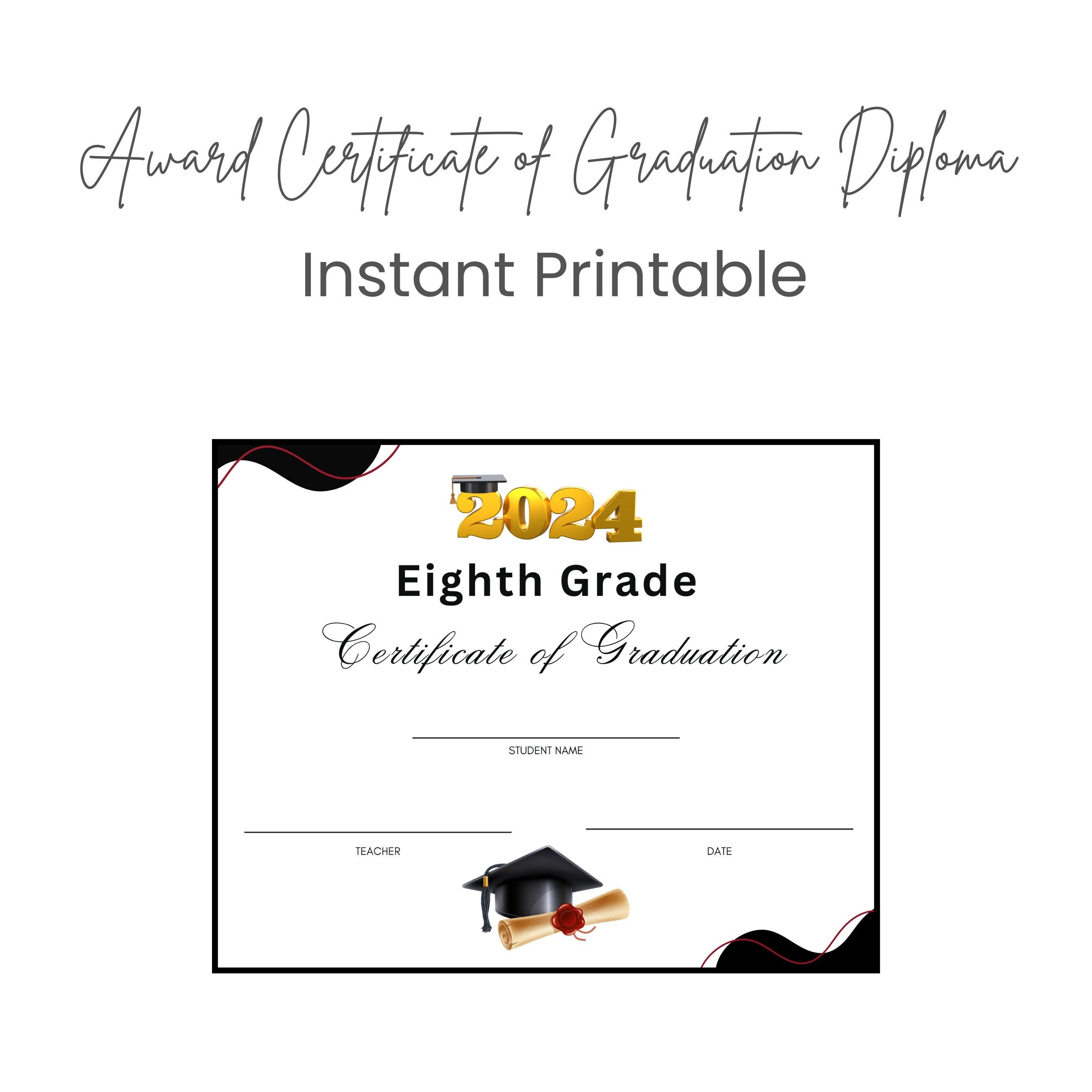 Eighth Grade Graduation Diploma Certificate Instant Download Printable ...