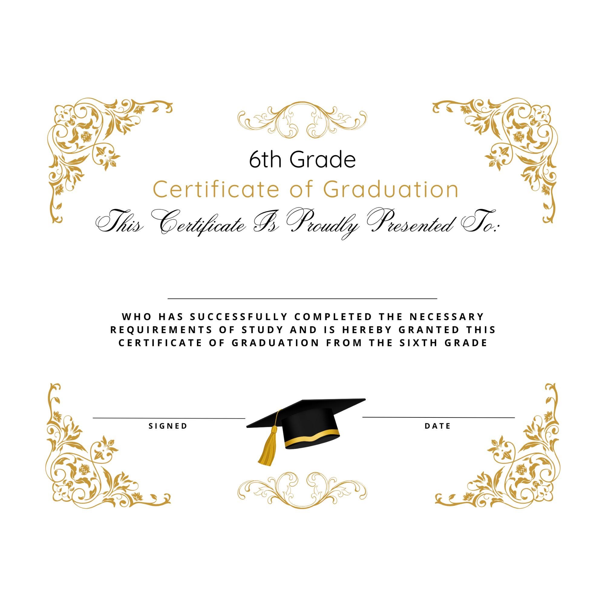 Sixth 6th Grade Certificate of Graduation Diploma Easy Print Instant ...