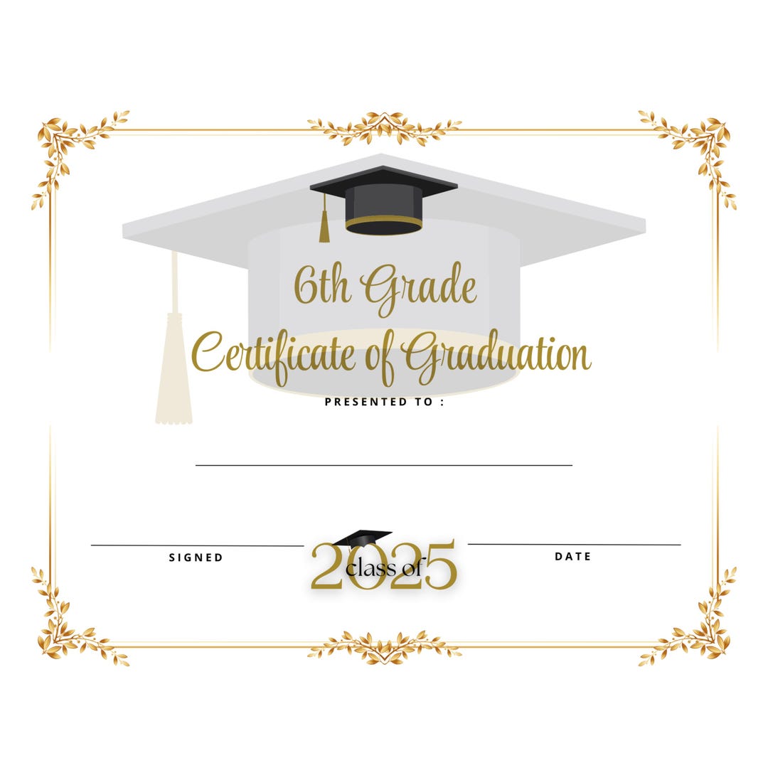 Sixth 6th Grade Graduation Cap Design Diploma Certificate Instant ...