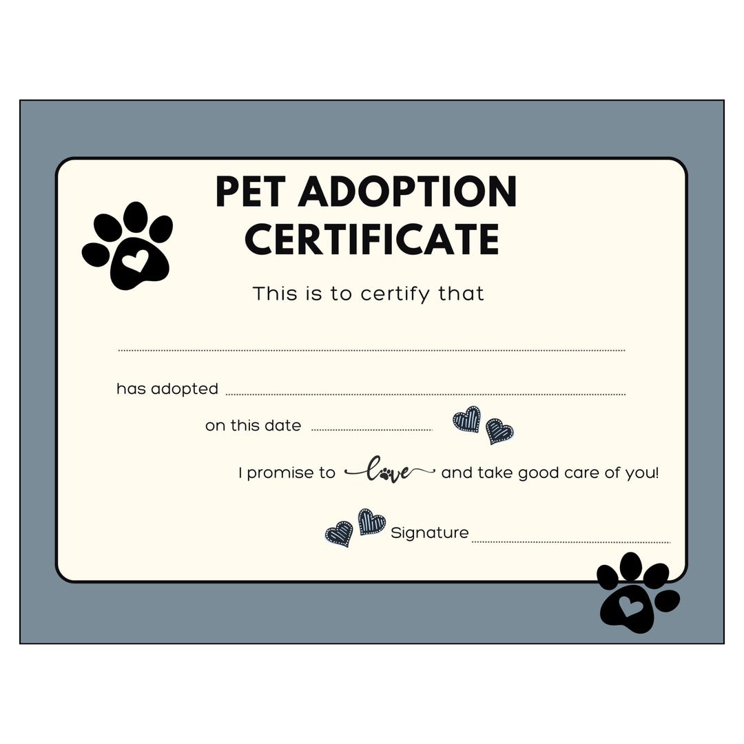 Pet Adoption Certificate Instant Printable for Pretend Pet Plush ...