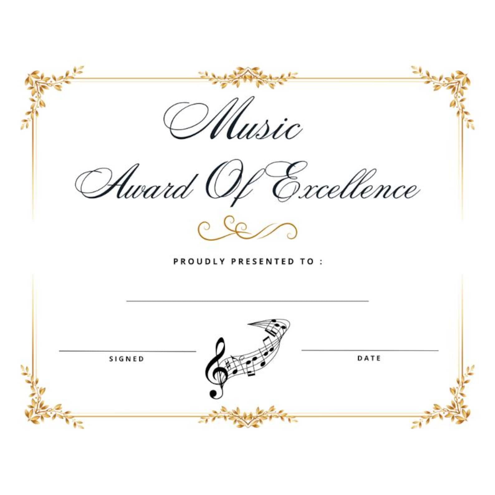 Music Award of Excellence Certificate Musician or Student Instant ...