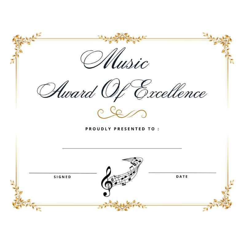 Music Award of Excellence Certificate Musician or Student Instant ...