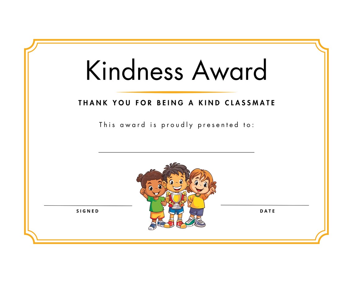 Kindness Award Certificate Any Age or Grade Level Instant Download ...