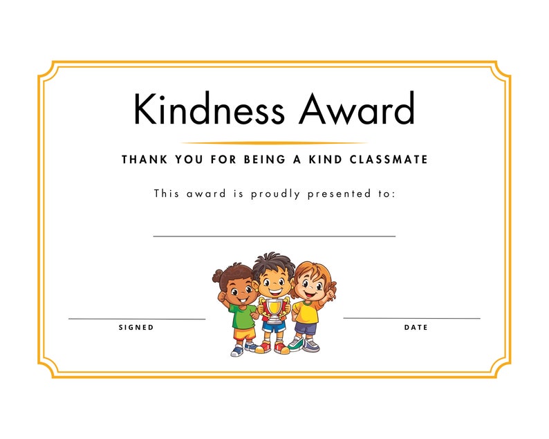 Kindness Award Certificate Any Age or Grade Level Instant Download ...