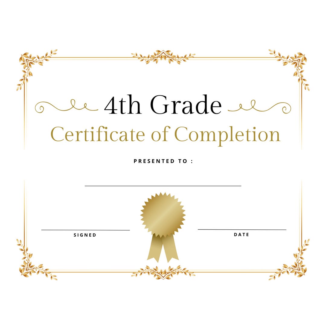 Fourth 4th Grade Promotion Graduation Diploma Certificate of Completion ...