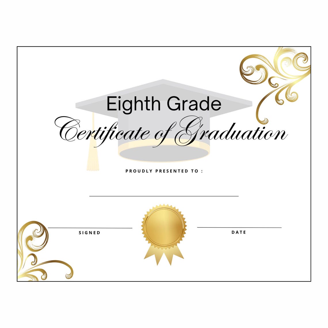 Eighth Grade Graduation Diploma Certificate Gold Swirl Elegant ...