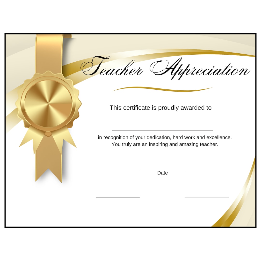 Teacher Certificate of Appreciation Outstanding Teacher Ribbon Instant ...