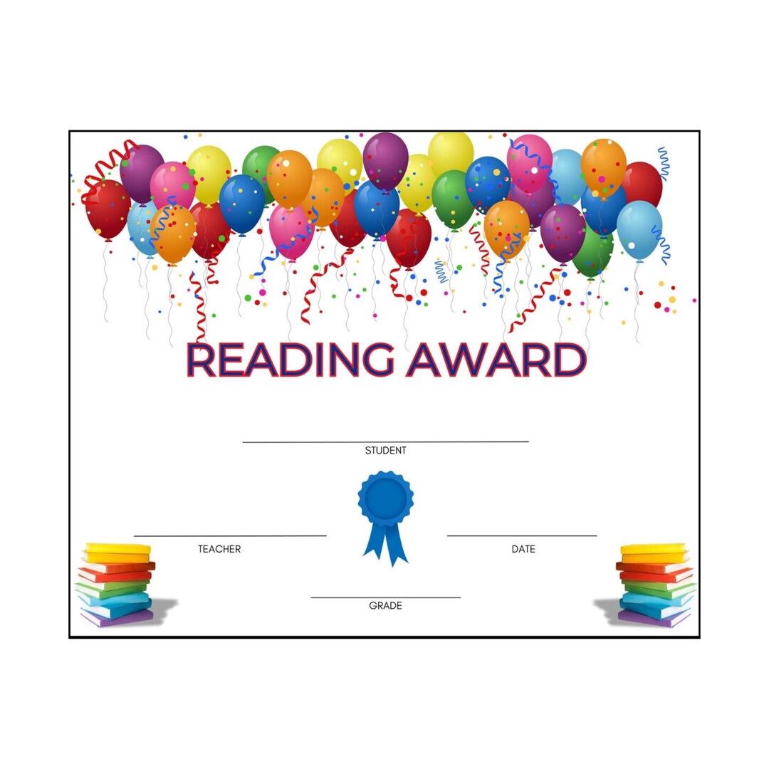 Honor's Day Reading Award Certificate Instant Download Balloons ...