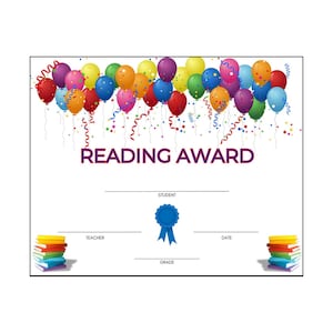 Honor's Day Reading Award Certificate Instant Download Balloons ...