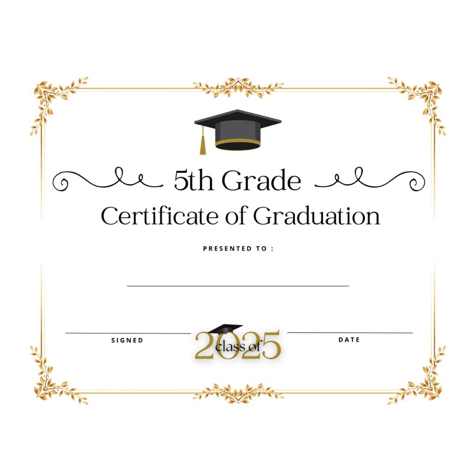 Fifth Grade Graduation Diploma Certificate Gold Class of 2025 ...