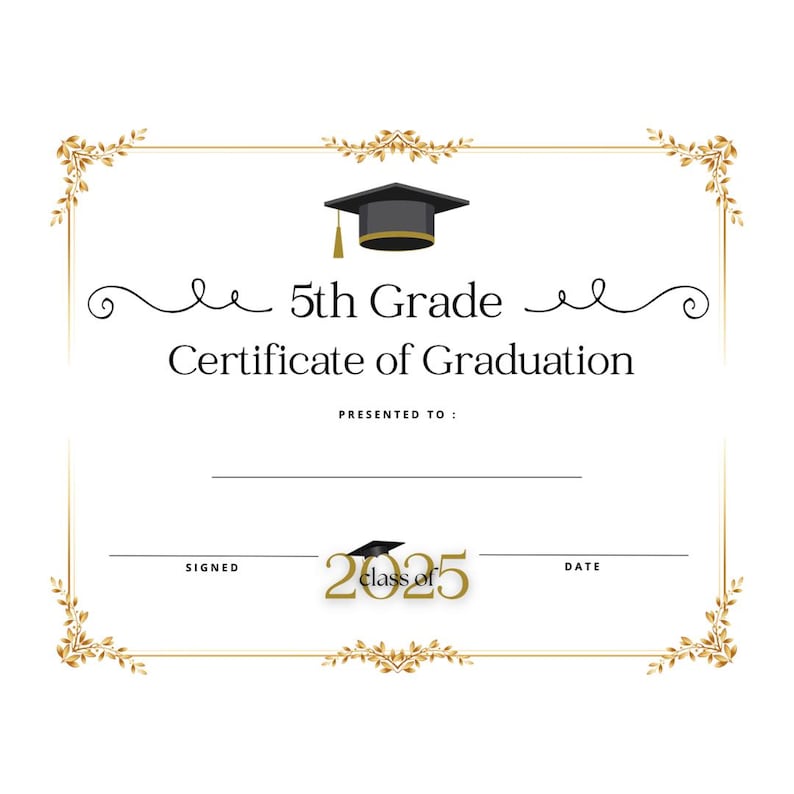 Fifth Grade Graduation Diploma Certificate Gold Class of 2025 ...