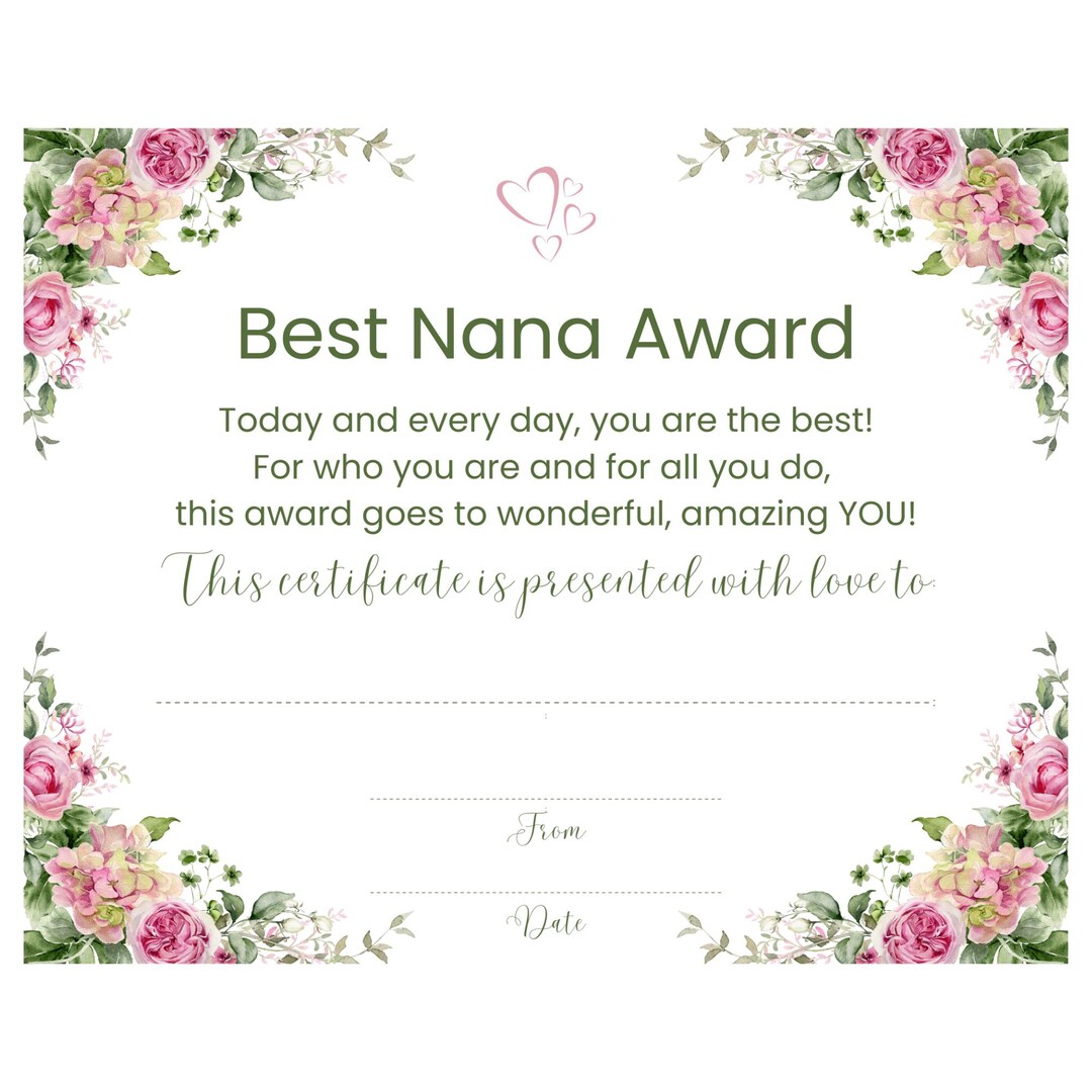 Best Nana Certificate Award Appreciation Love Roses Flowers Premade ...
