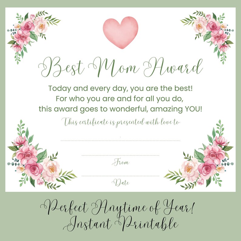 Best Mom Certificate Award Appreciation Roses and Heart Premade Ready ...