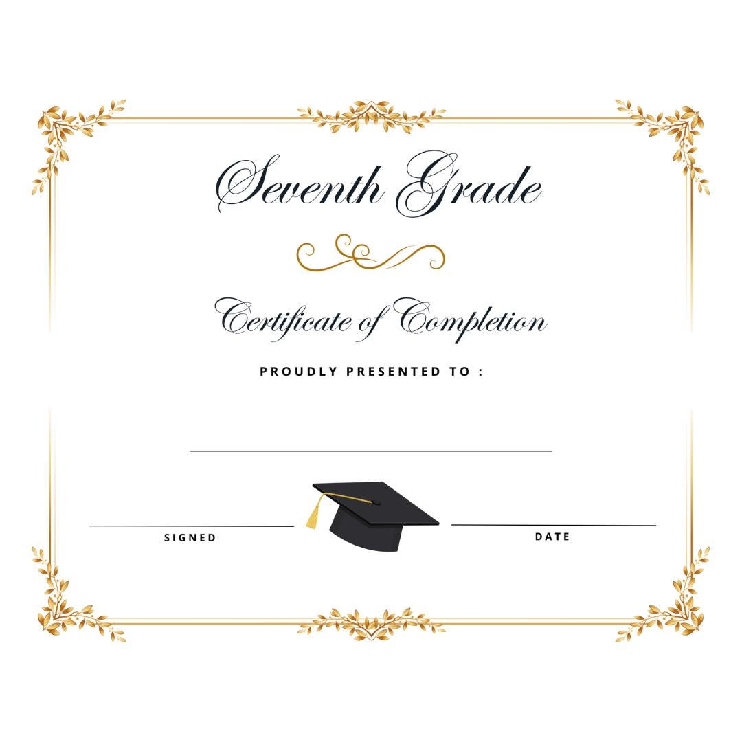 Seventh 7th Grade Certificate of Completion Graduation Diploma Easy ...
