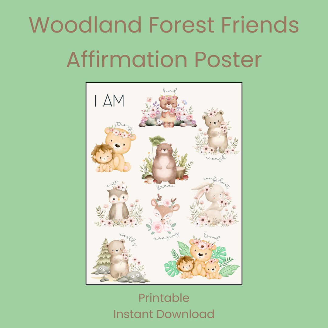 Watercolor Woodland Forest Friends Positive Affirmation Poster Wall Art ...