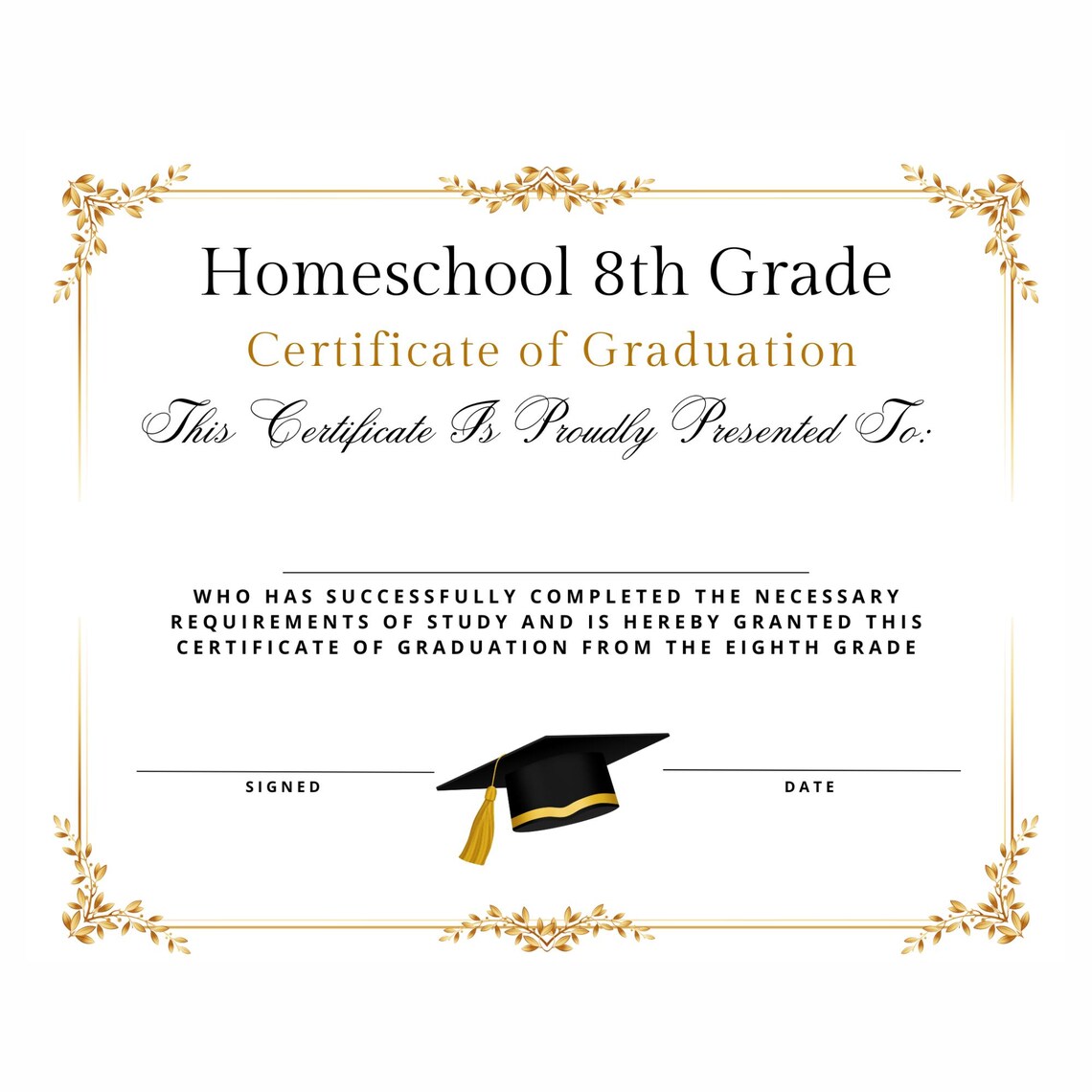 Homeschool 8th Eighth Grade Graduation Diploma Certificate School ...