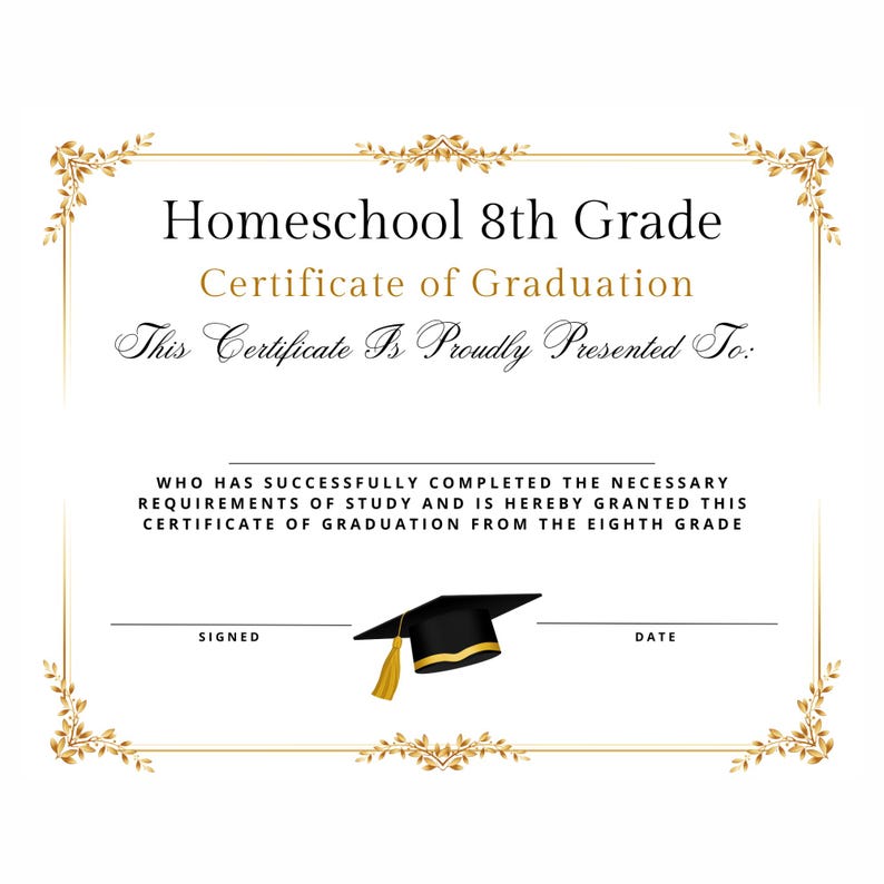 Homeschool 8th Eighth Grade Graduation Diploma Certificate School ...