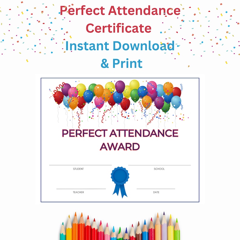 Perfect Attendance Student Award Graduation Certificate Instant ...