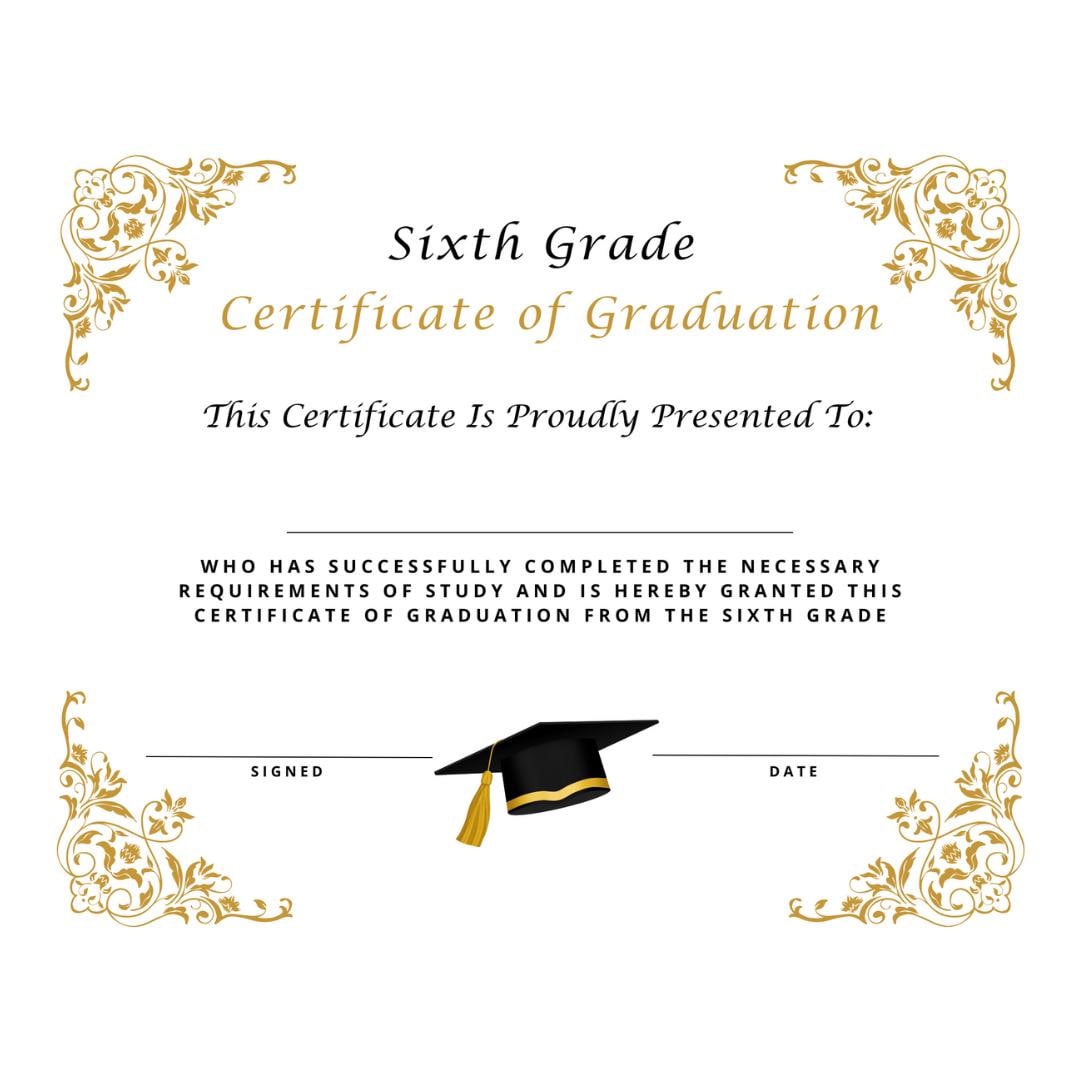 Sixth 6th Grade Certificate of Graduation Diploma Easy Print Instant ...