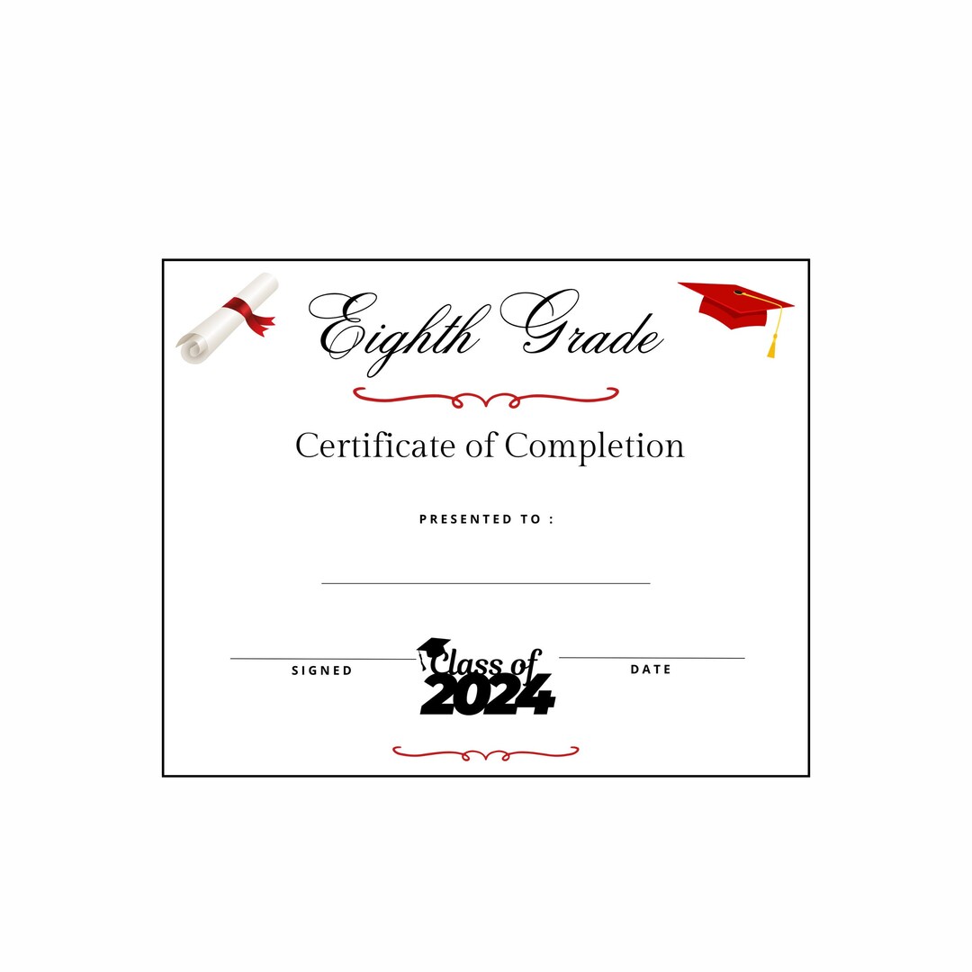 Eighth 8th Grade Graduation Completion Diploma Certificate Red and ...