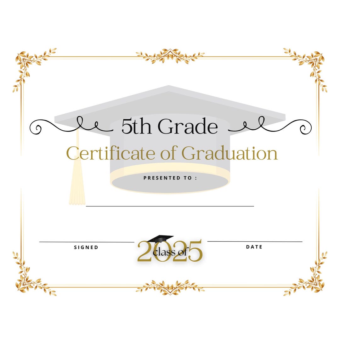 Fifth Grade Graduation Diploma Certificate Gold and Pretty Class of ...