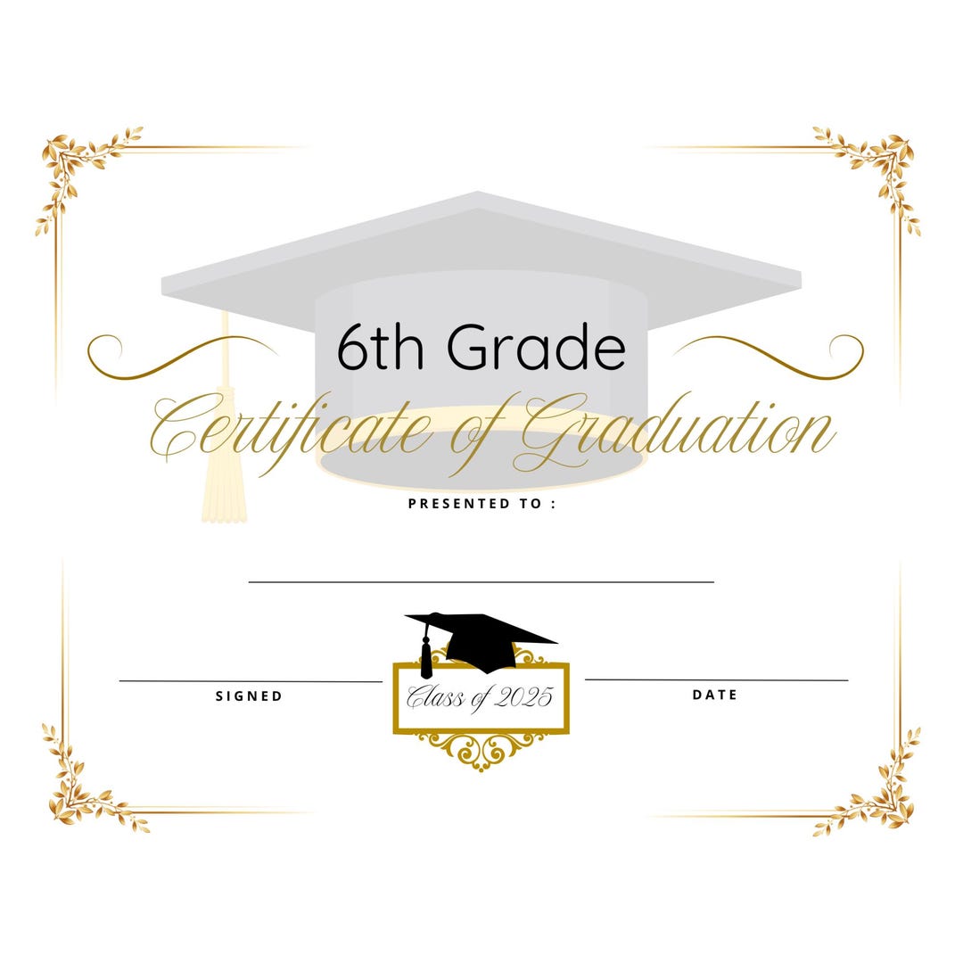 Sixth 6th Grade Graduation Diploma Certificate Instant Download ...
