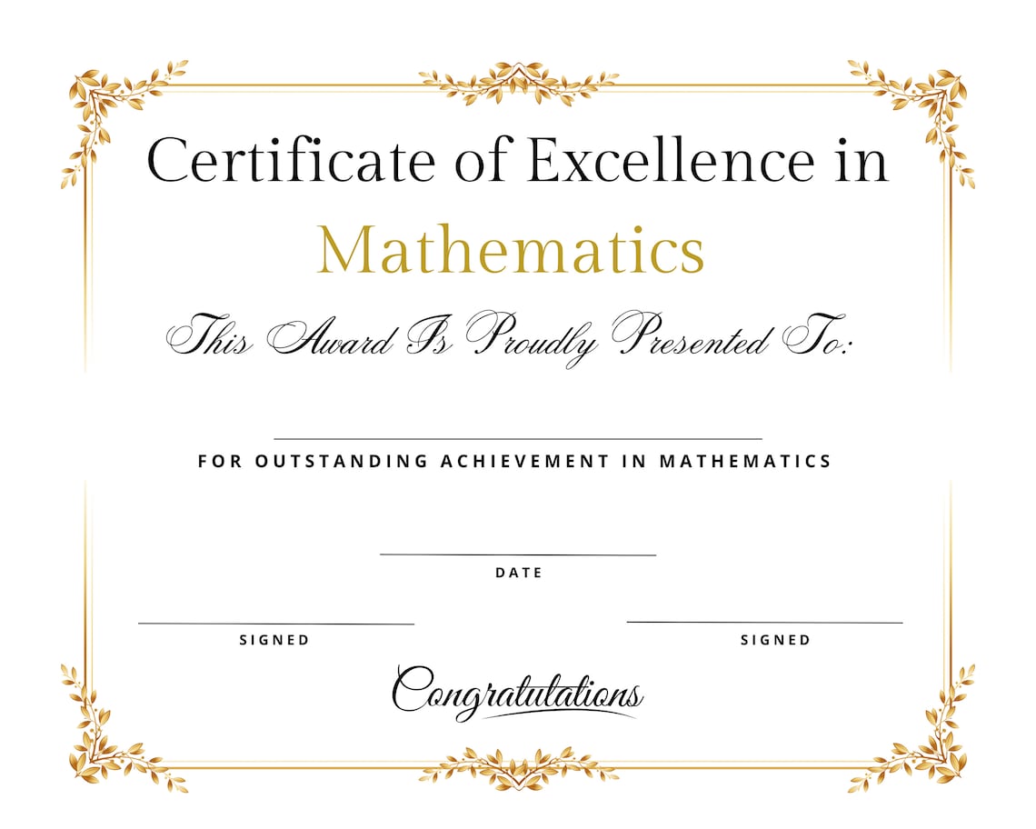 Math Excellence Award Graduation Certificate Mathematics Instant ...