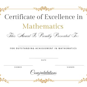 Math Excellence Award Graduation Certificate Mathematics Instant ...