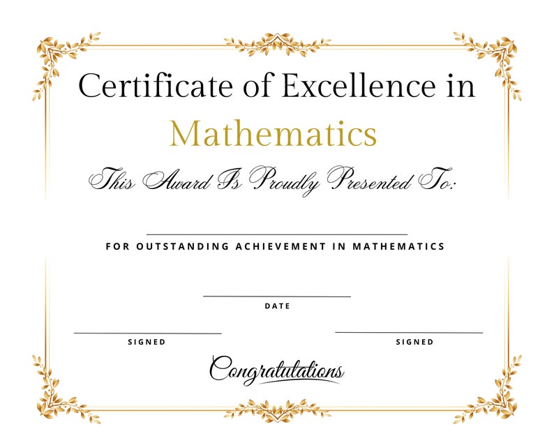 Math Excellence Award Graduation Certificate Mathematics Instant ...