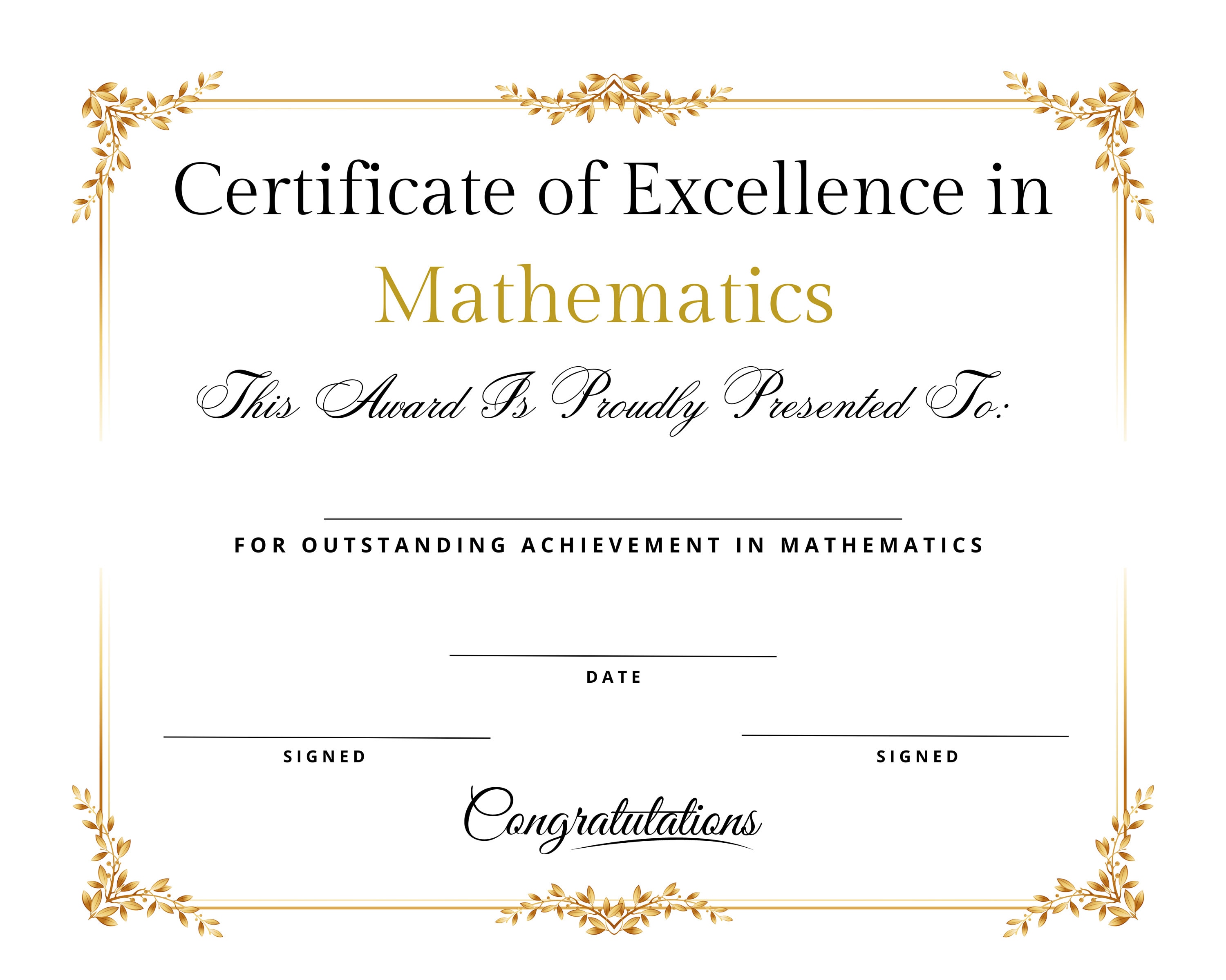 Math Excellence Award Graduation Certificate Mathematics Instant ...