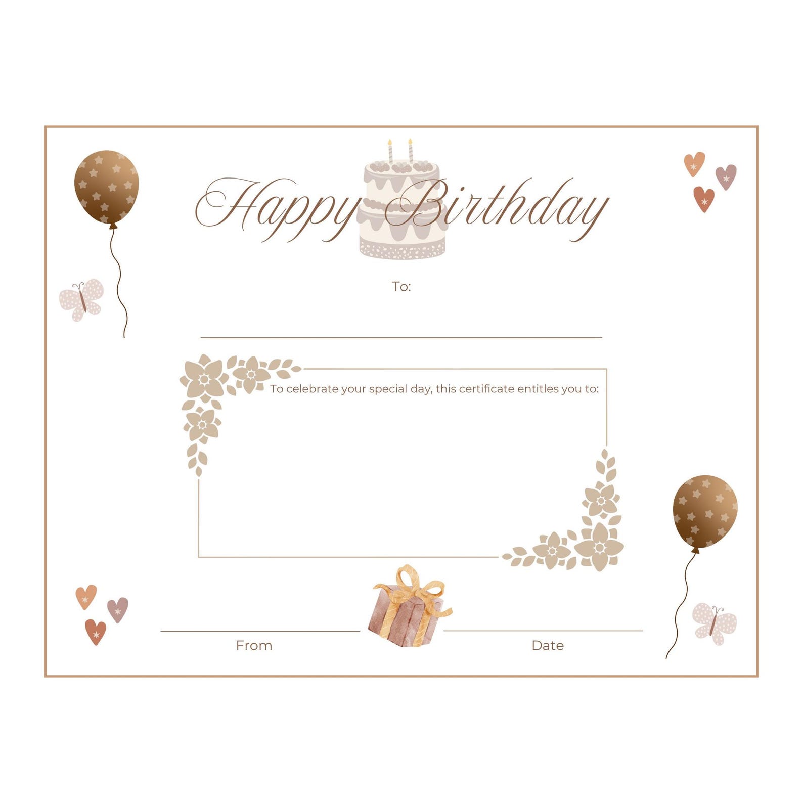Boho Tan & Brown Happy Birthday Certificate Award Premade Ready Made ...
