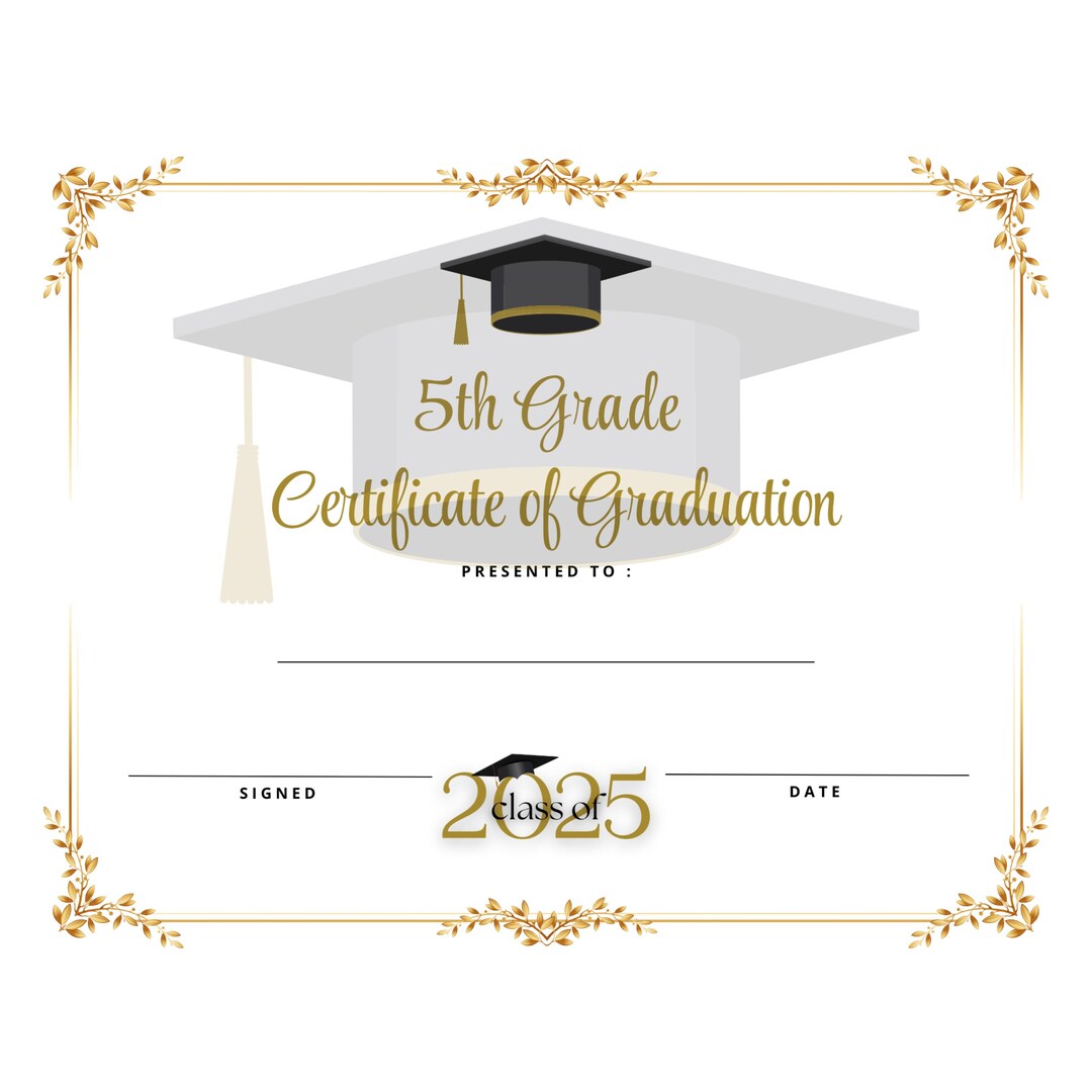 Fifth Grade Graduation Diploma Certificate Gold and Pretty Class of ...