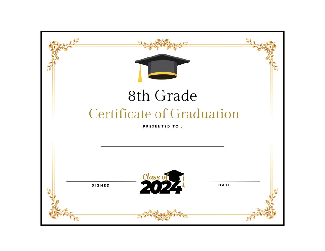 Eighth Grade Graduation Diploma Certificate Instant Download Printable ...