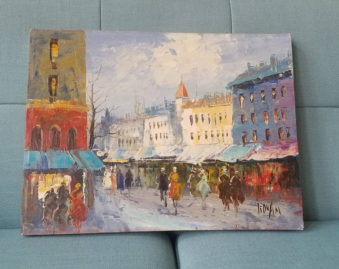 Vintage Midcentury Oil Painting by ROVAN - City Street Scene/horseback ...