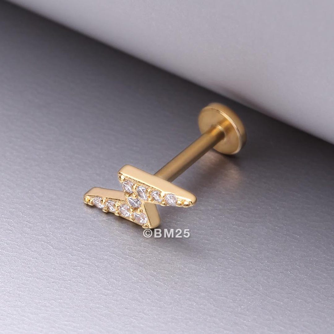 Golden Lightning Bolt Sparkle Top Internally Threaded Steel Flat Back ...