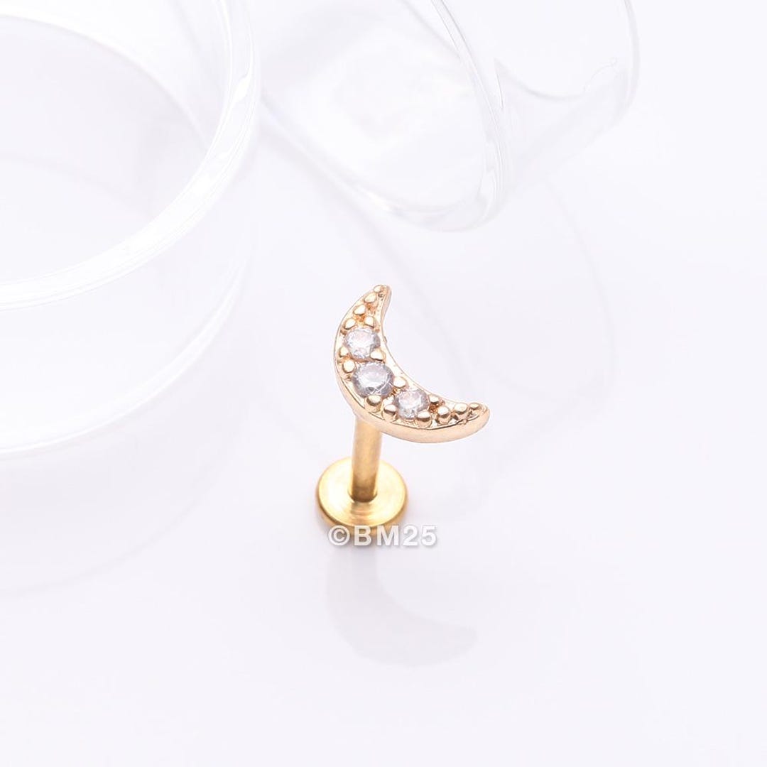Golden Crescent Moon Sparkle Pave Multi-gem Internally Threaded Flat Back Stud Labret-clear Gem ...