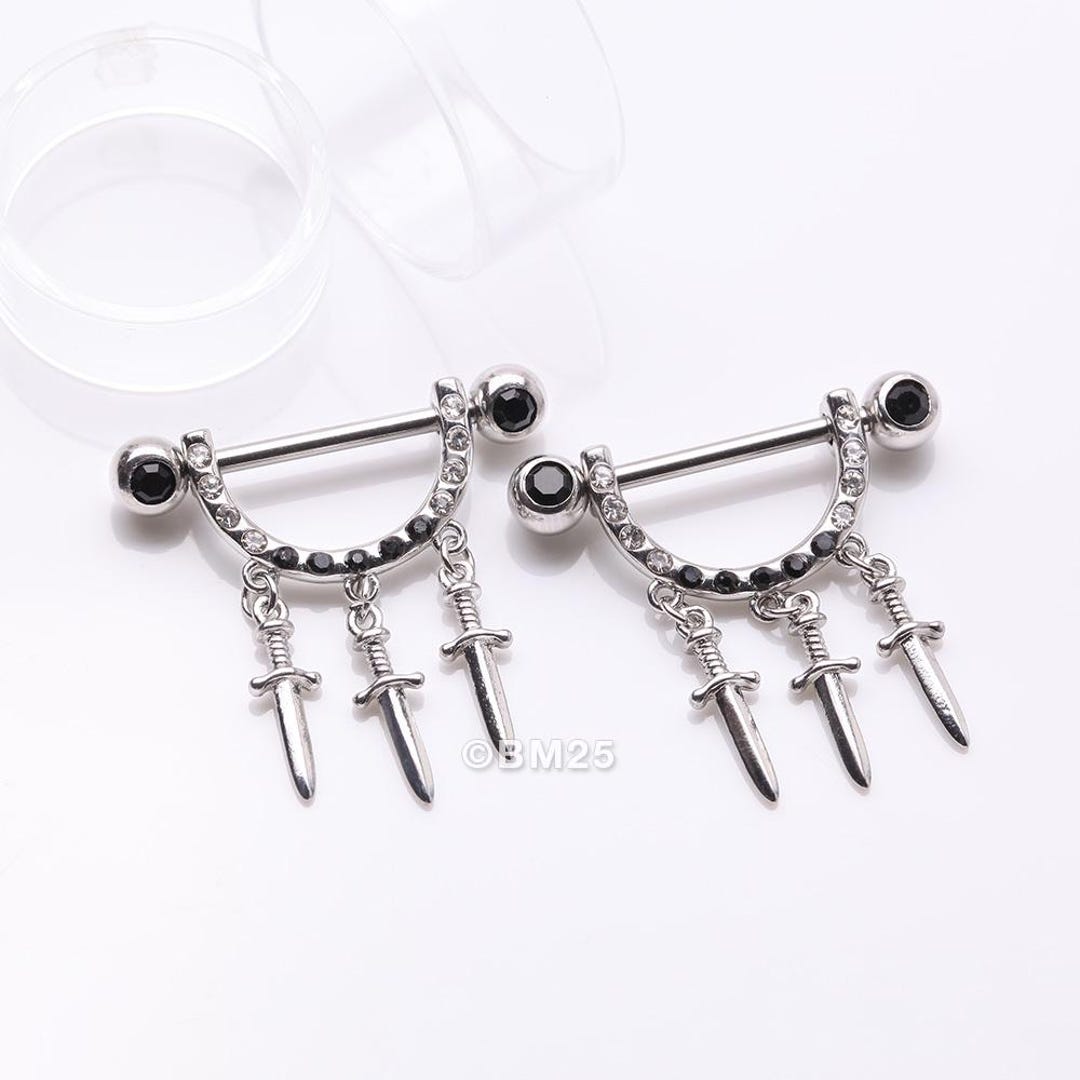 A Pair of Triple Dagger Sword Sparkle Stirrup Dangle Nipple Barbell ...