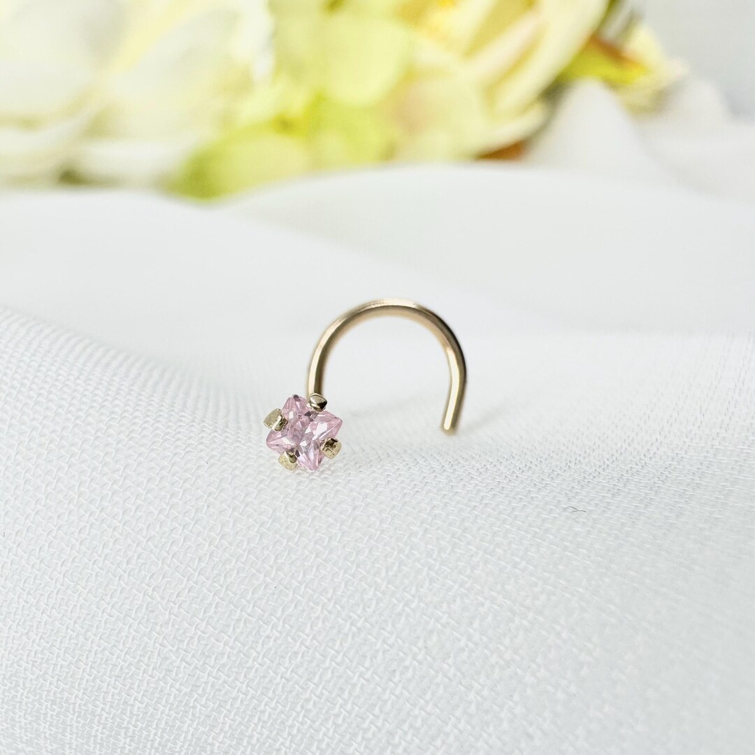 14 Karat Gold Square Prong Set Gem Sparkle Nose Screw Ring-pink - Etsy
