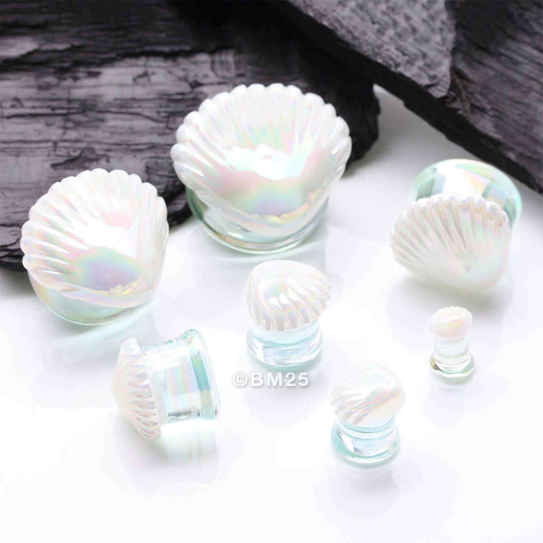 A Pair of White Iridescent Ariel's Shell Glass Double Flared Plug - Etsy