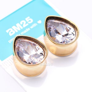 A Pair of Golden Brilliant Gem Sparkle Teardrop Double Flared Plug ...