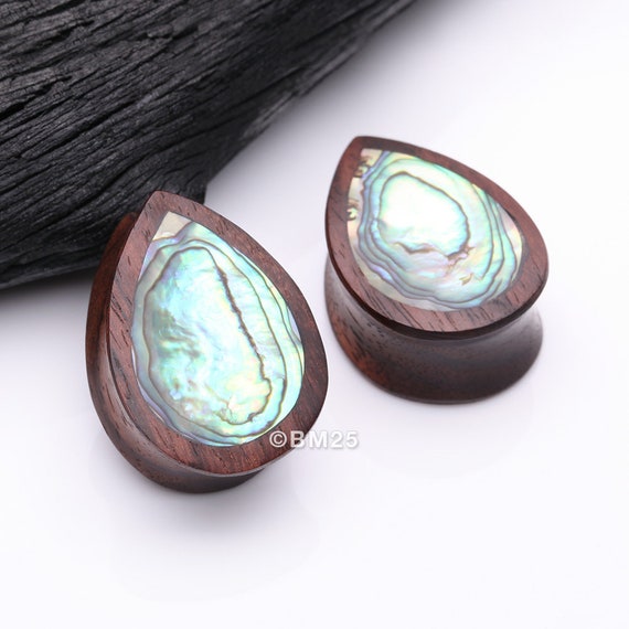 A Pair of Rosewood Bali Abalone Inlay Teardrop Double Flared - Etsy