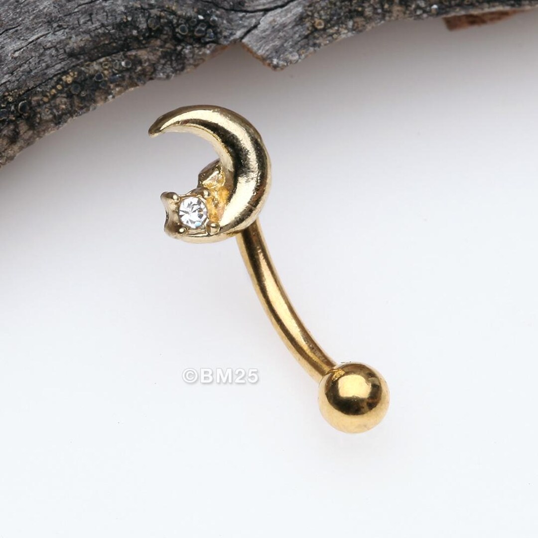 Golden Midnight Crescent Moon Sparkle Curved Barbell-clear Gem - Etsy