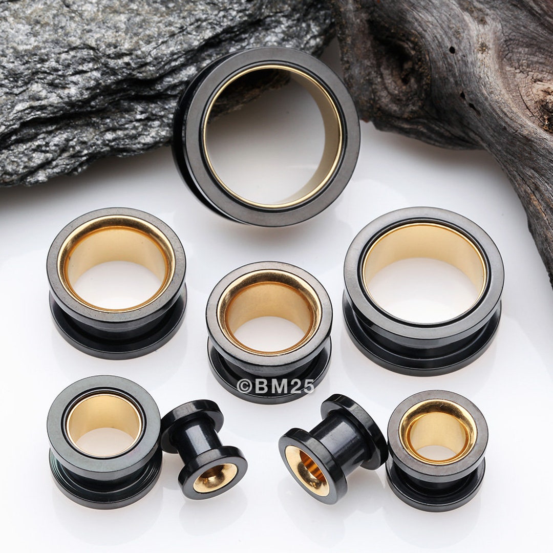 A Pair of Golden Black Screw-fit Eyelet Tunnel Plug - Etsy