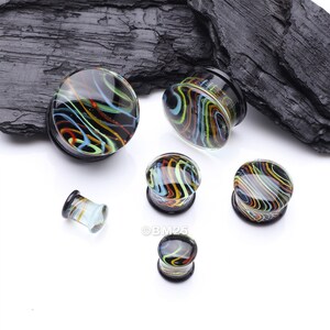A Pair of Vibrant Rainbow Swirl Line Glass Double Flared Ear Gauge Plug ...