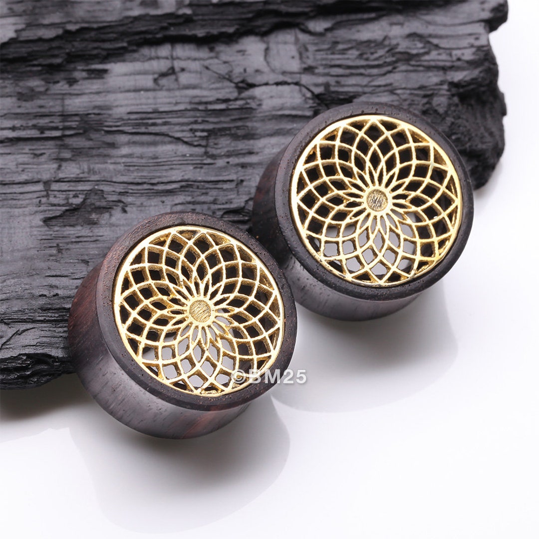 A Pair of Lotus Zen Bali Brass Rosewood Double Flared Tunnel Plug - Etsy