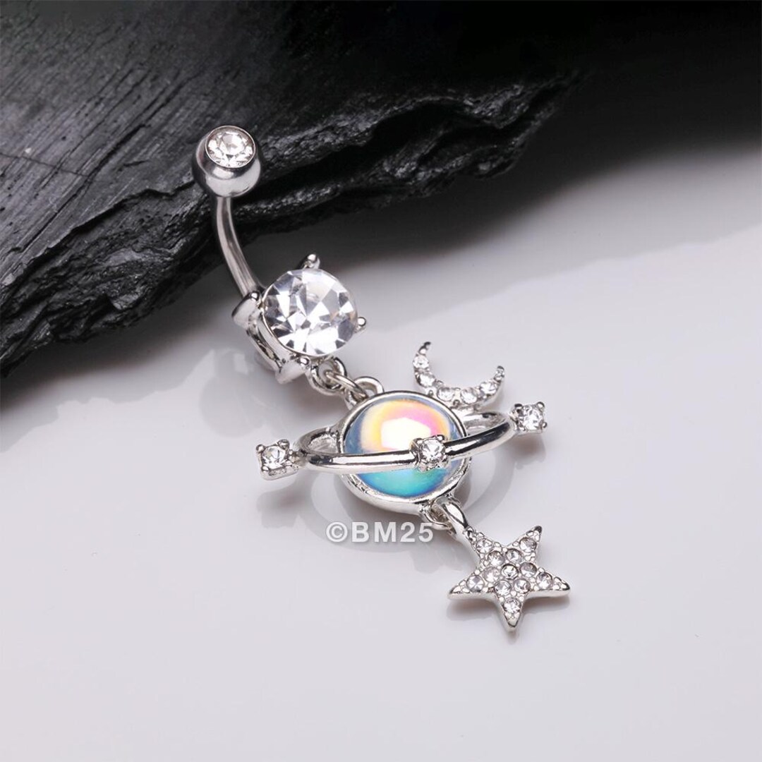 Aurora Celestial Sparkle Sun and Moon Orbit Belly Button Ring-clear Gem ...