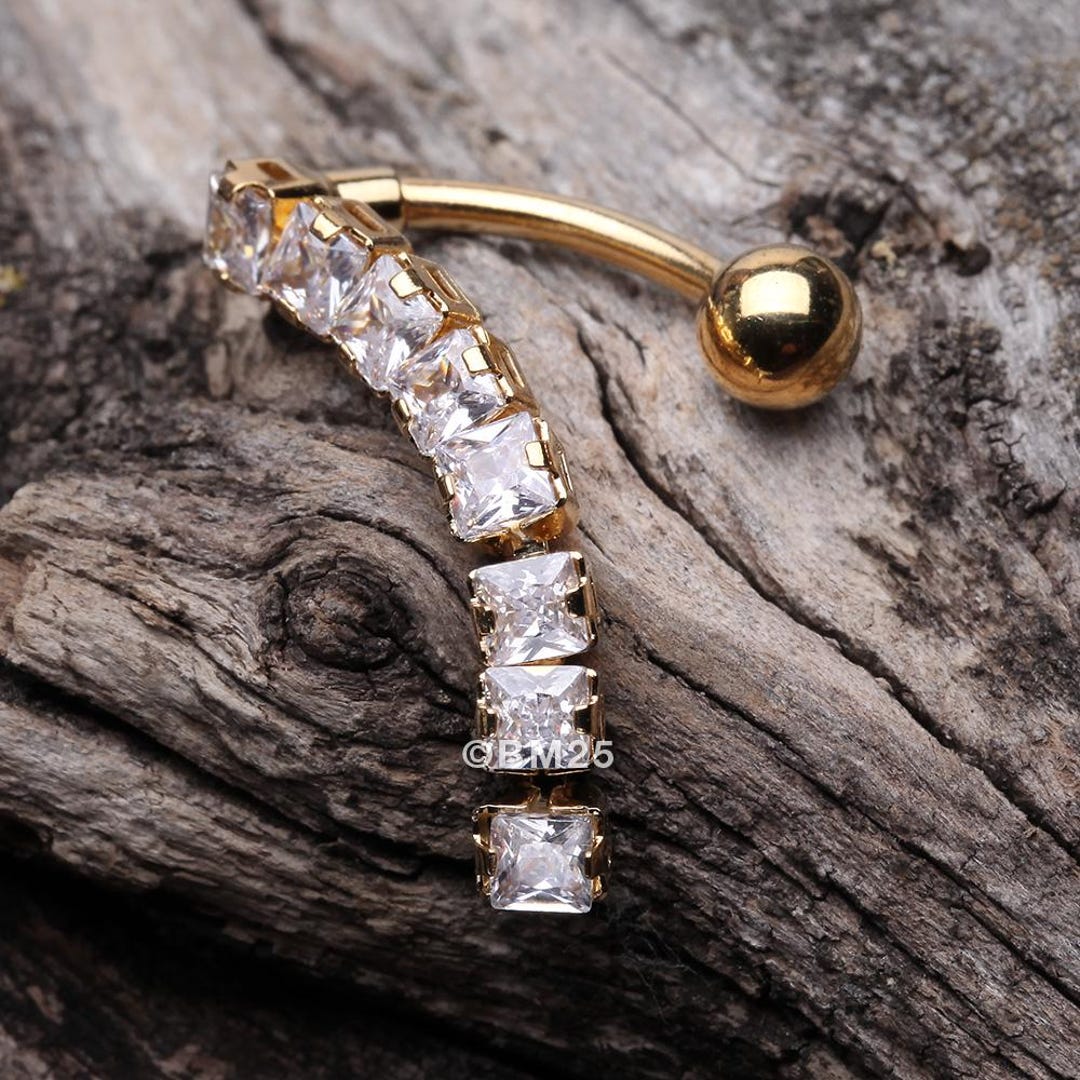 Golden Classic Princess Gems Vertical Sparkle Reverse Belly Button Ring ...
